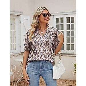 Womens V Neck Shirts Short Sleeve Summer Tops Puff Pleated Casual Tunic Blouses Floral Pink XXL
