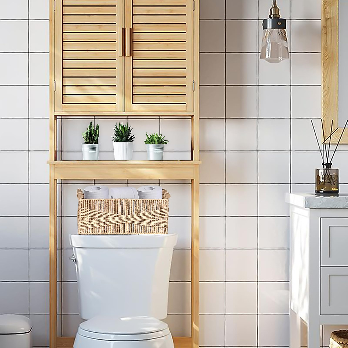 HNFNGSZL Wicker Storage Basket, Hand-Woven Baskets for Organizing, Recyclable Paper Rope Basket with Wood Handles, Decorative Basket Organizers for Makeup Books Shelves Living Room, Beige, Set of 2