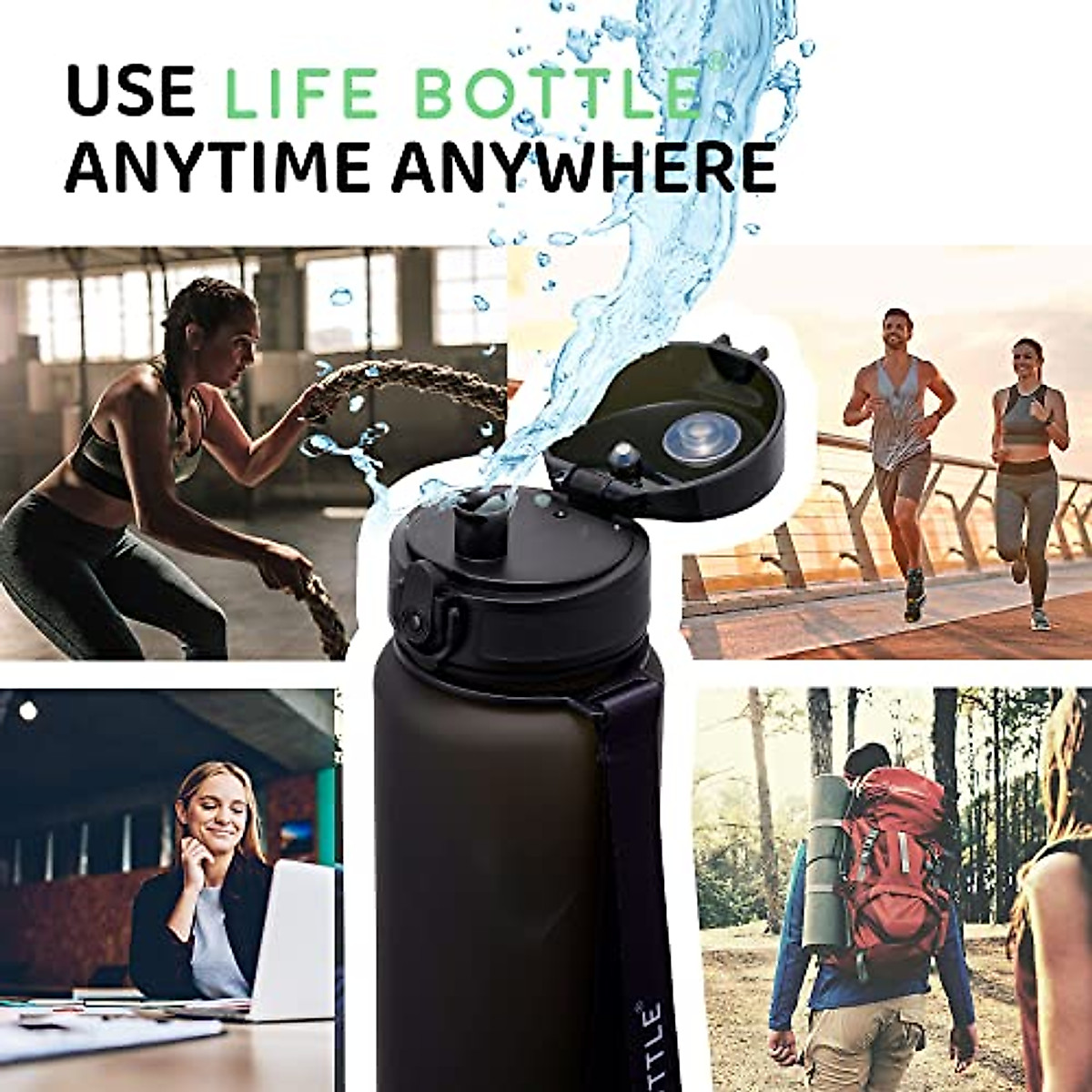 Life Bottle 32 oz Water Bottle with Strap. Tritan Fruit Infuser Flip Top Water Bottles With Times To Drink. No Quotes! Motivational Water Bottle with Time Marker. Dishwasher Safe 32 oz Water Bottles