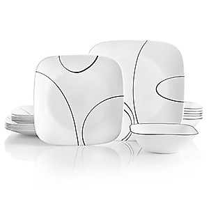 Corelle 18-Piece Service for 6 Dinnerware Set, Triple Layer Glass and Chip Resistant, Lightweight Square Plates and Bowls Set, Simple Lines