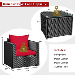 Tangkula 3 Pieces Patio Furniture Set, PE Rattan Wicker Sofa Set w/Washable Cushion and Tempered Glass Tabletop, Outdoor Conversation Furniture for Garden Poolside (Red)