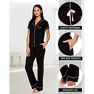 bebe Womens 2 Piece Short Sleeve Button Down Shirt and Long Pants Bridesmaid Pajamas Set (Black, X-Large)