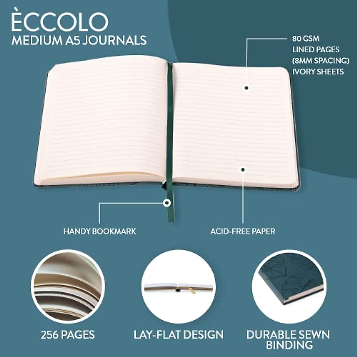 Eccolo Medium Lined Journal Notebook, Flexible Cover, A5 Writing Journal, 256 Ruled Ivory Pages, Ribbon Bookmark, Lay Flat, Notebook for Work or School, Palms (Green, 5.75-x-8.25 inches)