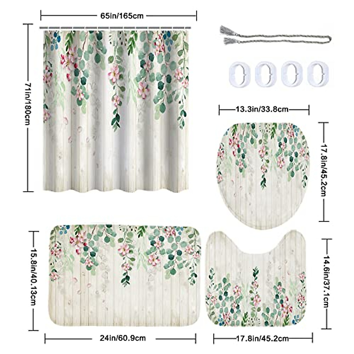 Mightree Bathroom Shower Curtains 4 PCS Set, Waterproof Fabric Bathroom Curtain with 12 Hooks, Toilet Lid Cover and Bath Mat, Non-Slip Rug Foot mat, Pink Flower, Medium