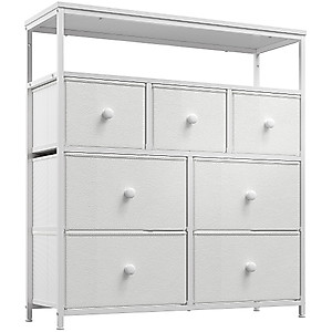 EnHomee White Dresser, Dresser for Bedroom with 7 Storage Drawers, Cute Dresser & Fabric Dresser for Bedroom, Bedroom Dresser with Wood Top and Metal Frame, Closet Dresser for Living Room