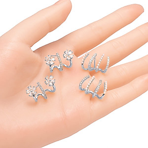 Tornito 4 Pairs Claw Ear Cuffs Zircon Pierced Needle Stud Earrings Minimalist Ear Wrap Butterfly Pearl Piercing Claw Earrings for Women Silver Tone