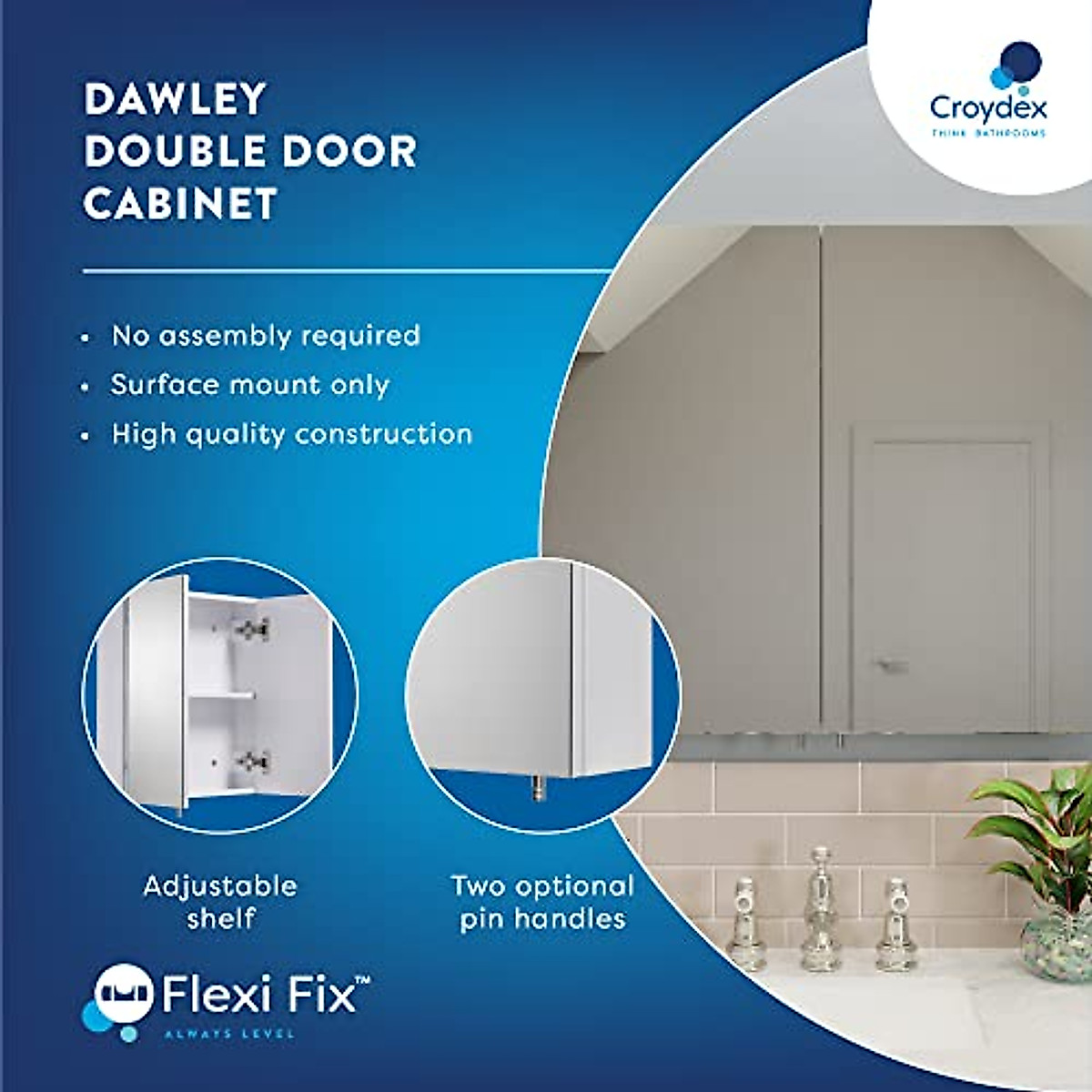 Croydex Dawley Double Door, Surface Mount Flexi-Fix Easy Hanging System Medicine Cabinet, 31.5 in (W) x 26 in (H), White Steel