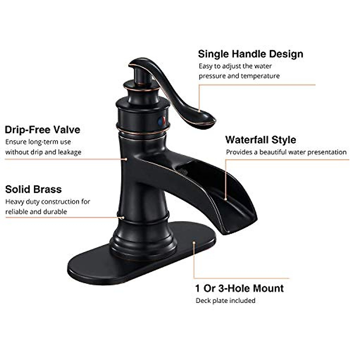 Waterfall Bathroom Faucet Oil Rubbed Bronze Sink with Pop Up Drain Stopper Faucets Single Hole Rustic Vanity Farmhouse Overflow One Handle Bath Black Commercial Assembly Lead-Free by Homevacious