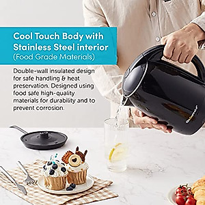 Elite Gourmet EKT1821 1.8L Double Wall Insulated, Cool-Touch Electric Kettle w/Stainless Steel Interior & Lid, 360° Swivel Base for Cord Free Serving, Power On Lever, Auto Shut-Off, Boil Dry, Black