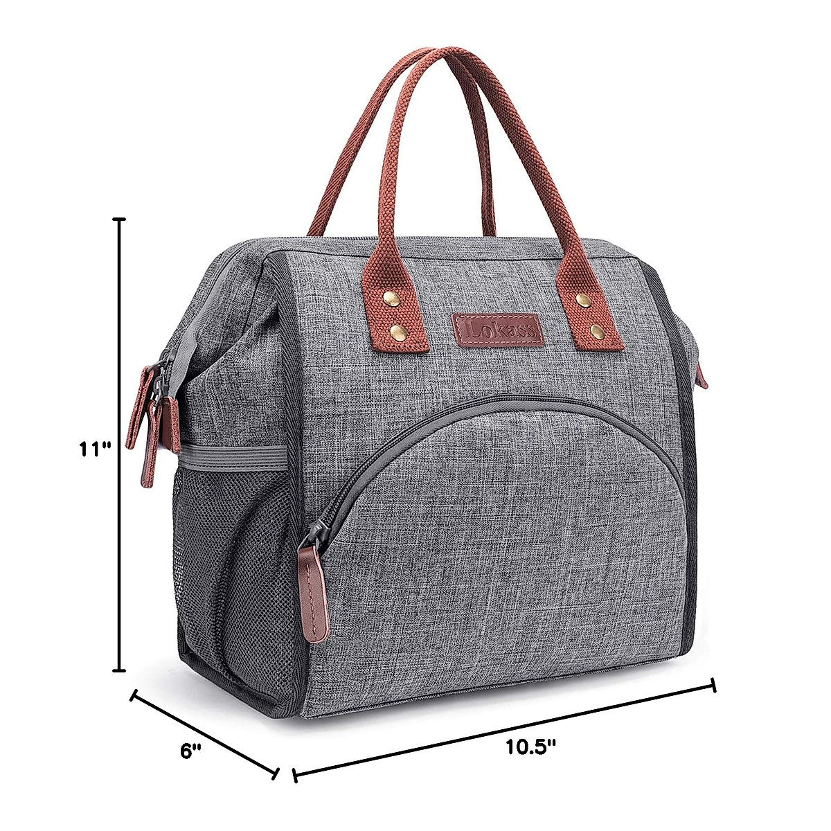 LOKASS Lunch Bag Women Insulated Lunch Box Wide-Open Lunch Tote Bag Large Drinks Holder Durable Nylon Thermal Snacks Organizer for Men Adults College Work Picnic Hiking Beach Fishing,Grey