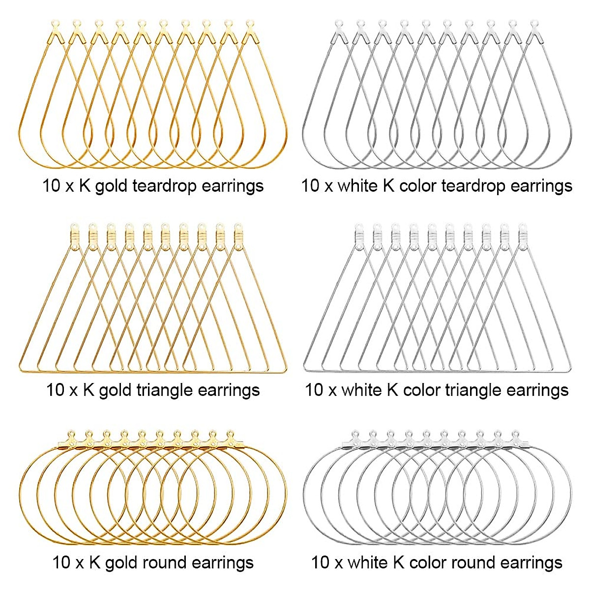 60pcs Earrings Beading Hoop Earring Finding Teardrop Earring Triangle Earring Round Hoop Earring for Jewelry Making DIY Crafts Art Creation Women Gift