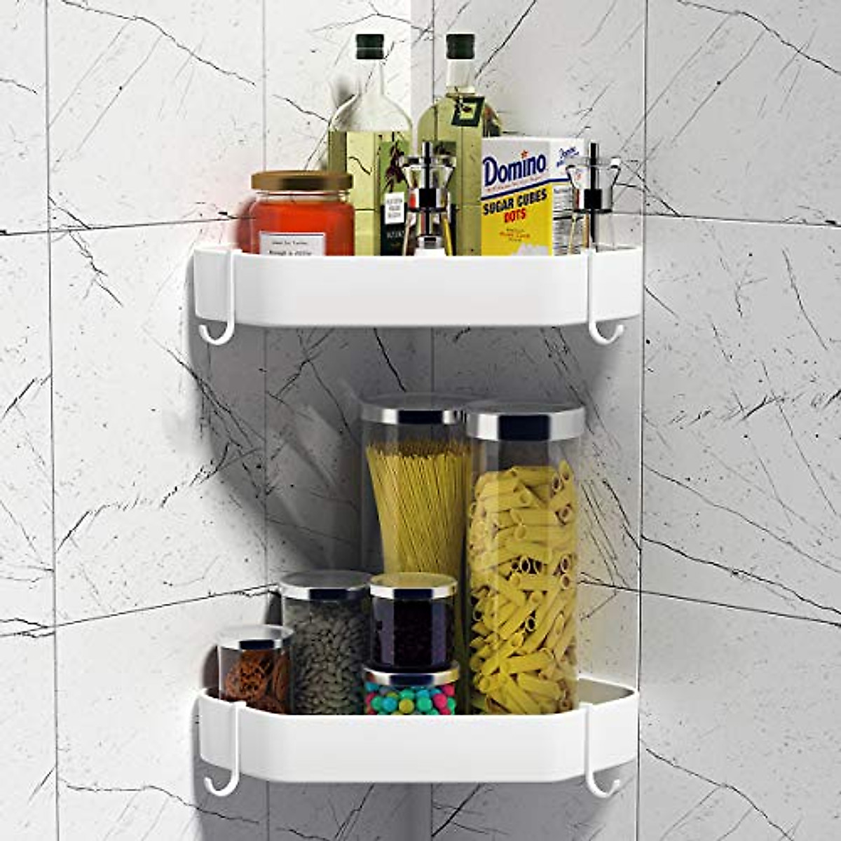 JYL HOME Corner Shower Caddy Bathroom Kitchen Storage Organizer with Hooks Wall Mounted Heavy Duty Aluminum, 2-Pack, White