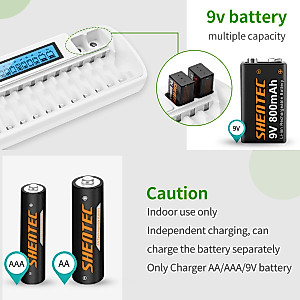 Shentec 16+2 Bay Smart Rechargeable Battery Charger with LCD Display for AA AAA NiMH Batteries & Li-ion 9V Rechargeable Batteries with AC Wall Adapter (Not Fit for AA AAA Li-ion Batteries)