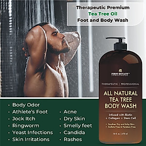 ALL Natural Body Wash - Fights Body Odor, Athlete’s Foot, Jock Itch, Nail Issues, Dandruff, Acne, Eczema, Shower Gel for Women & Men, Skin Cleanser -16 fl oz (Tea Tree, Biotin, Collagen & Stem cells)