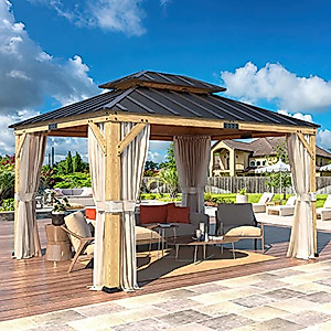 YOLENY 11' x 13' Solid Spruce Wood Gazebo, Hardtop Gazebo with Coated Wood Frame, Waterproof Asphalt Double Roof, Nettings and Curtains for Lawns, Gardens, Decks, and Patios