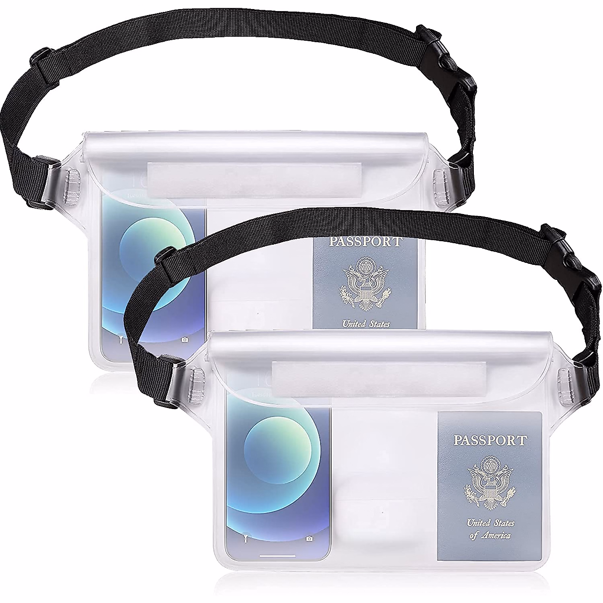 GLBSUNION IPX8 Waterproof Pouch Bag with Adjustable Waist Strap-Screen Touchable Dry Bag with Adjustable Belt for Phone Valuables for Beach Swimming Snorkeling Boating Fishing Kayaking (2 Pack)