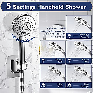 Rain Shower Head, 12" High Pressure Round Rainfall Shower Head Combo with 11" Adjustable Extension Arm, 5-Settings Handheld Shower Heads with 60" Stainless Steel Hose Anti-Leak (Chrome)