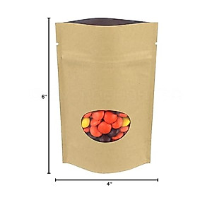 CleverDelights Kraft Window Stand Up Pouches - 2oz - 100 Pack - 4" x 6" x 2" - Resealable Bag