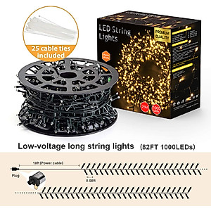 Christmas LED String Lights 82FT 1000 LEDs Christmas Tree Decoration Lights - Outdoor Waterproof Christmas Twinkle Fairy Lights for Garden Patio Xmas Wedding Party Holiday - Warm White