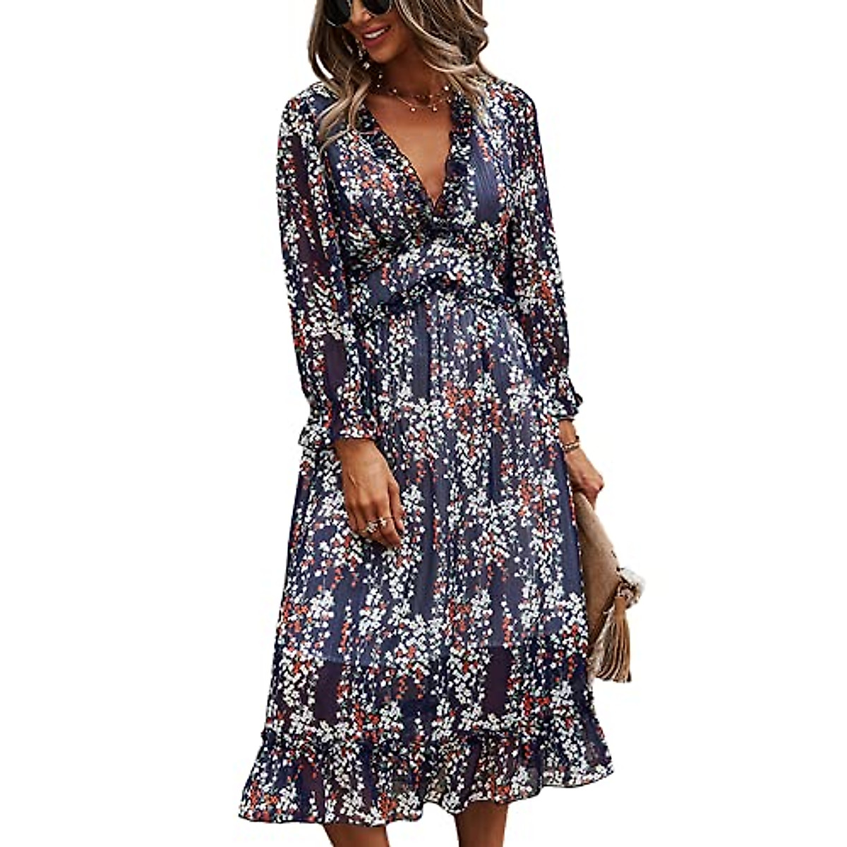 MOPOOGOSS Womens Junior Casual Summer Spring Ruffle Elegant Floral Long Sleeve Sexy V Neck Cute Chiffon Boho Beach Tunic Swing A Line Flowy Long Beach Casual Dresses for Women Navy M