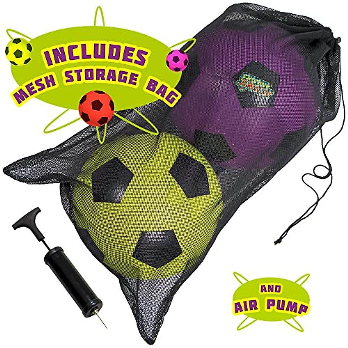 K-Roo Sports Atomic Athletics Neon Rubber Playground Balls - 6 Pack of Youth Size, includes Pump & Storage Bag - Soccer Ball