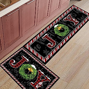 Miaklek Christmas Kitchen Mats Anti Fatigue 1 Piece, Kitchen Mats for Floor, Comfort Mat for Kitchen Floor, Non Skid Mats for Kitchen,Office,Sink,Oven,Laundry, Red and Black Plaid Christmas Joy
