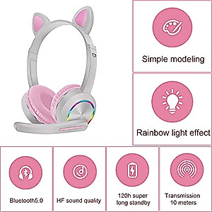 Wireless Gaming Headset with Cute Cat Ears, Comfortable Adjustable Headband Bluetooth 5.0 Headset with Mic, LED Light for Girls, Women (Pink)