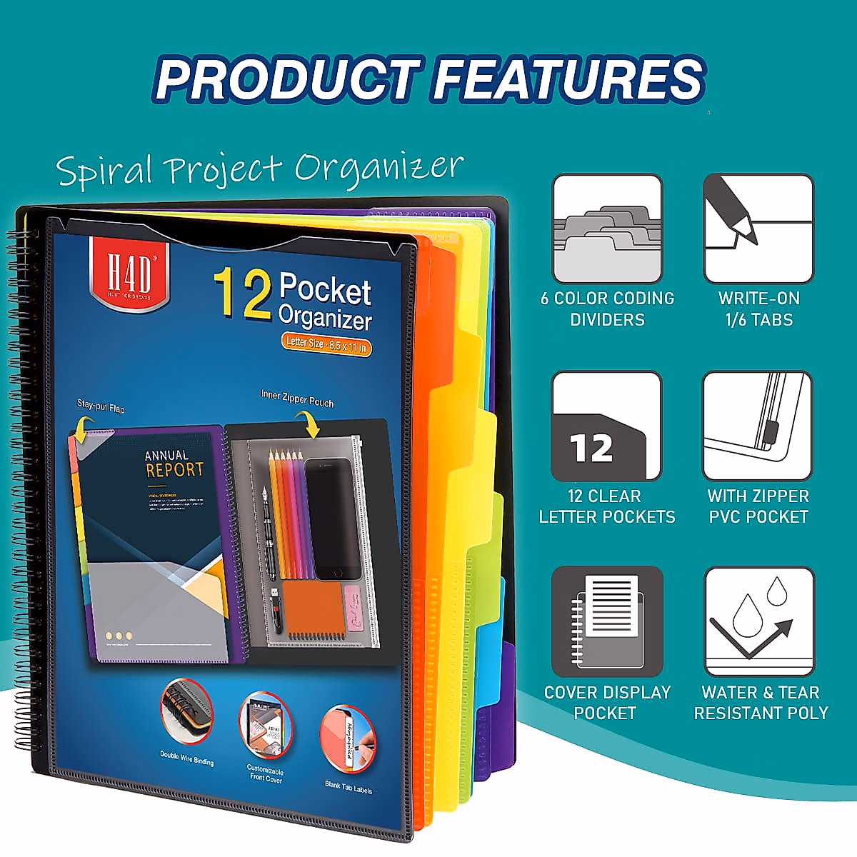 H4D 12 Pocket Poly Project Organizer, Spiral Multi Pocket Folder Organizer with Pockets, Multi-Subject Folder Notebook, Letter Size
