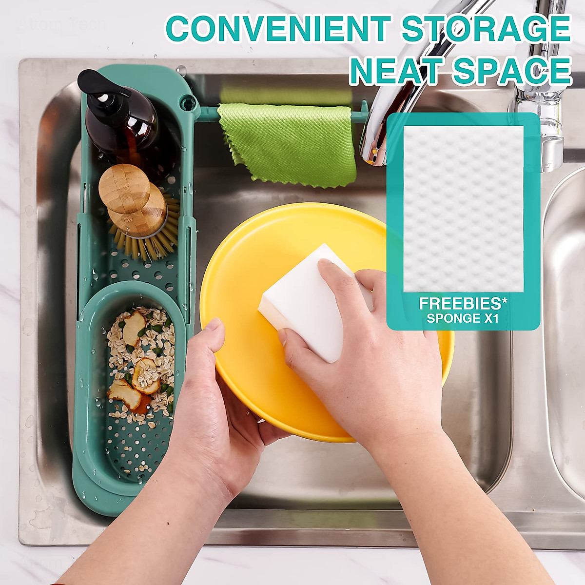 NiHome Telescopic Sink Caddy Adjustable Sponge Holder for Kitchen Sink Expandable Storage Drain Basket Sink Organizer Holder Dish Cloth Hanger for Home Kitchen (Green)