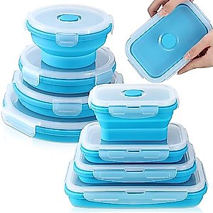 Zhehao Set of 8 Silicone Food Storage Containers Collapsible Storage Containers Collapsible Bowls with Lids Reusable Foldable Bento Lunch Box for Meal Prep Freezer Microwave, 4 Sizes (Blue)
