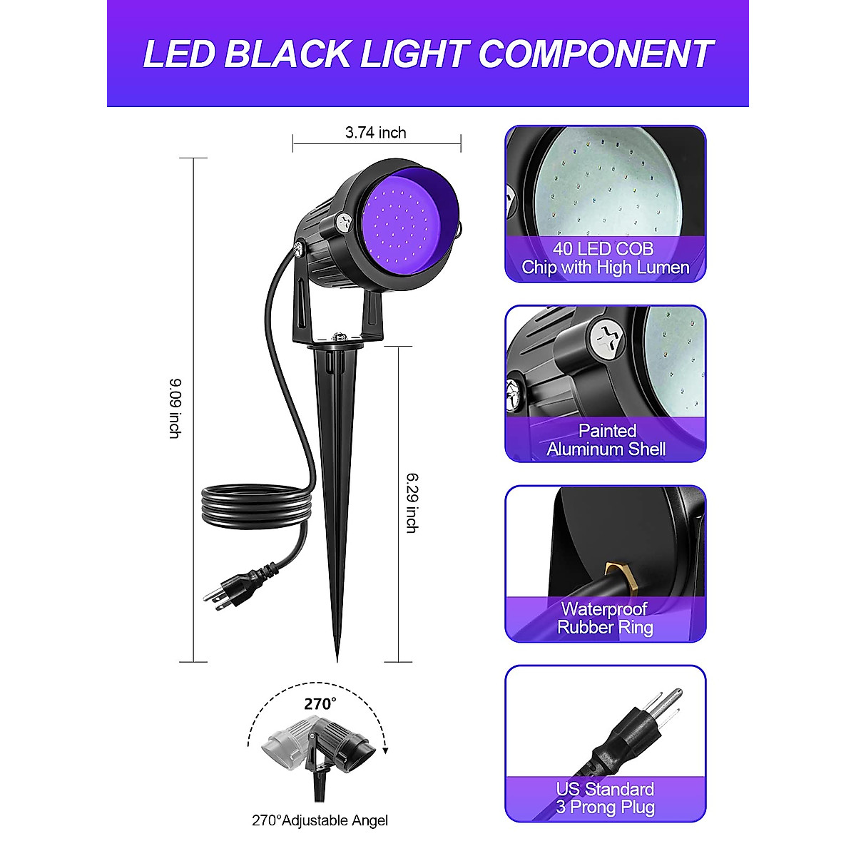 DOREIO Halloween 120V Blacklight Spotlight 15W Outdoor LED Landscape Lighting Dusk to Dawn Photocell Light Sensor with US Plug for Glow Dance Party, Body Paint, Fluorescent Poster, Neon Glow(1 Pack)