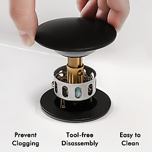 KES Bathroom Sink Drain with Strainer Basket Hair Catcher Anti Clog Pop Up Drain Stopper Vanity Vessel Sink with Overflow, Matte Black S2013A-BK