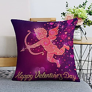 Happy Valentine's Day Throw Pillow Covers 18×18 Pillowcases Set of 2 Glitter Cupid Linen Decorative Square Pillow Case Cushion Covers Standard Size for Sofa Couch Outdoor Bed Pillow Protectors