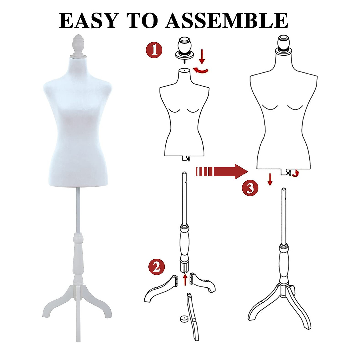 Mannequin Female Mannequin Torso Dress Form 50"-63" for Display Women Mannequin Body Height Adjustable for Sewing Wooden Tripod Base,Foam Body(White)