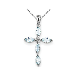 Gem And Harmony Sterling Silver Aquamarine Cross Pendant Necklace with Chain (1.00 Carat ctw)