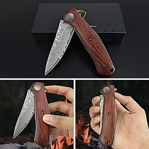 AUBEY Damascus Folding Pocket Knife Handmade with Clip for Men, Damascus Hunting Knife EDC Knife with Liner Lock for Outdoor Survival Camping Collection, Wooden Handle