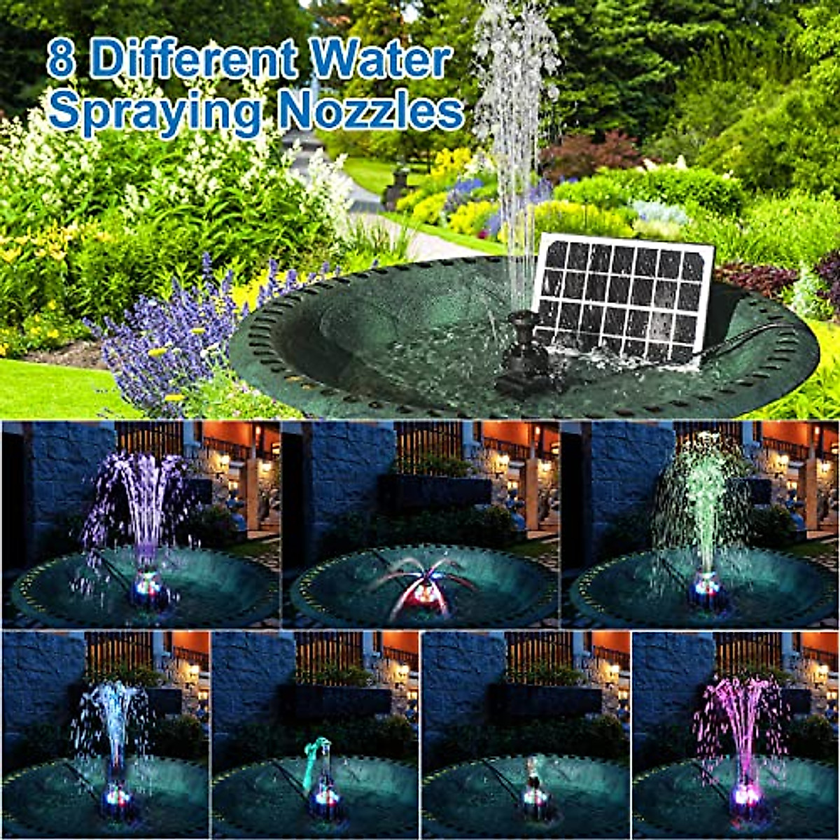 GAIZERL Solar Fountain with 2000 Battery - Work On Cloudy Days - 2023 Upgrade 3.5W Glass Panel Solar Powered Bird Bath Water Pump with Stakes, 16.4ft Cable, Colorful LED Lights, 7 Nozzles for Garden