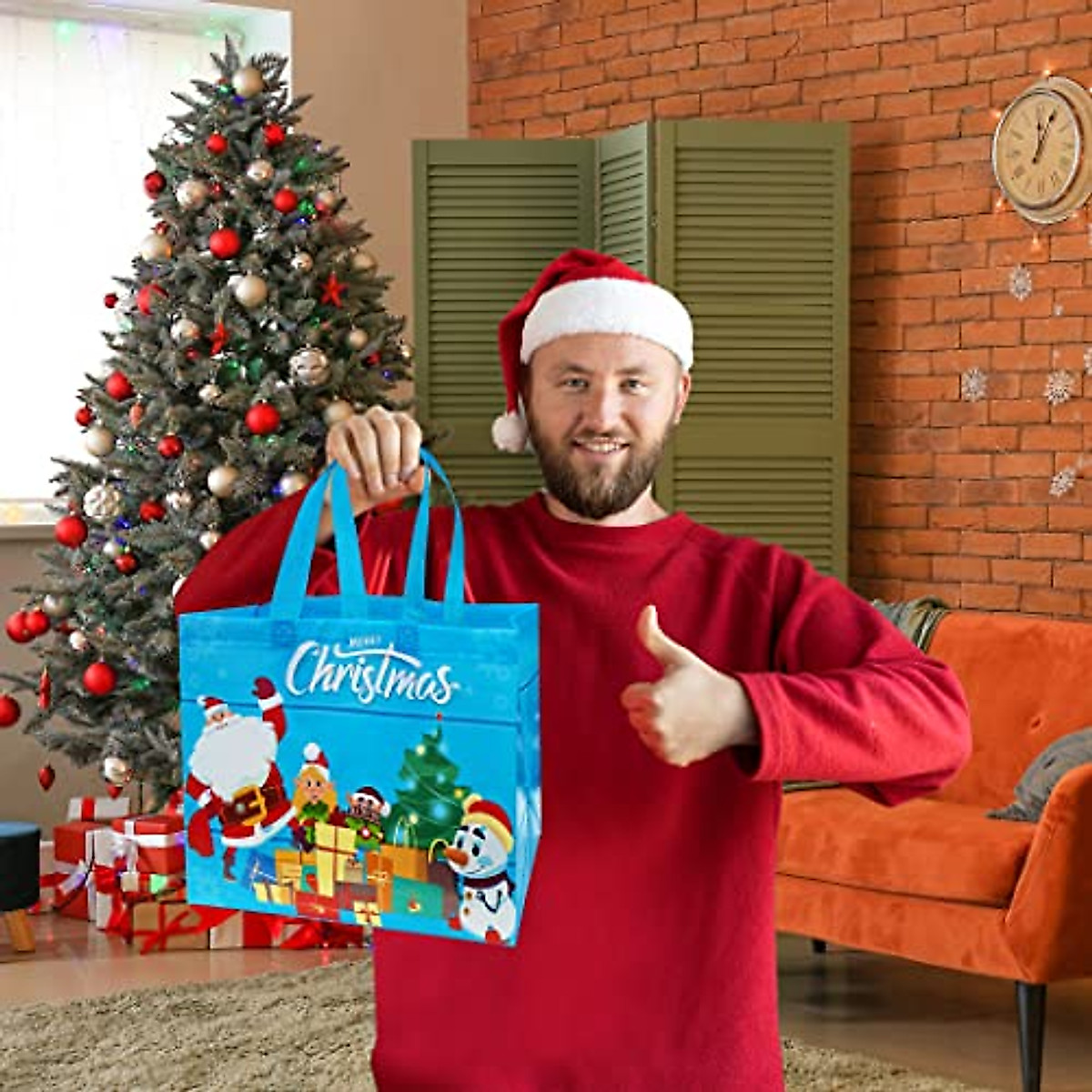 MISS FANTASY 12 Pack Durable Christmas Non-Woven Tote Bags 4 Patterns Reusable Grocery Bags Xmas Party Favors or Shopping Use Christmas Theme 12.8W x 9.8H x 2.8D (Red Blue Green and Golden)