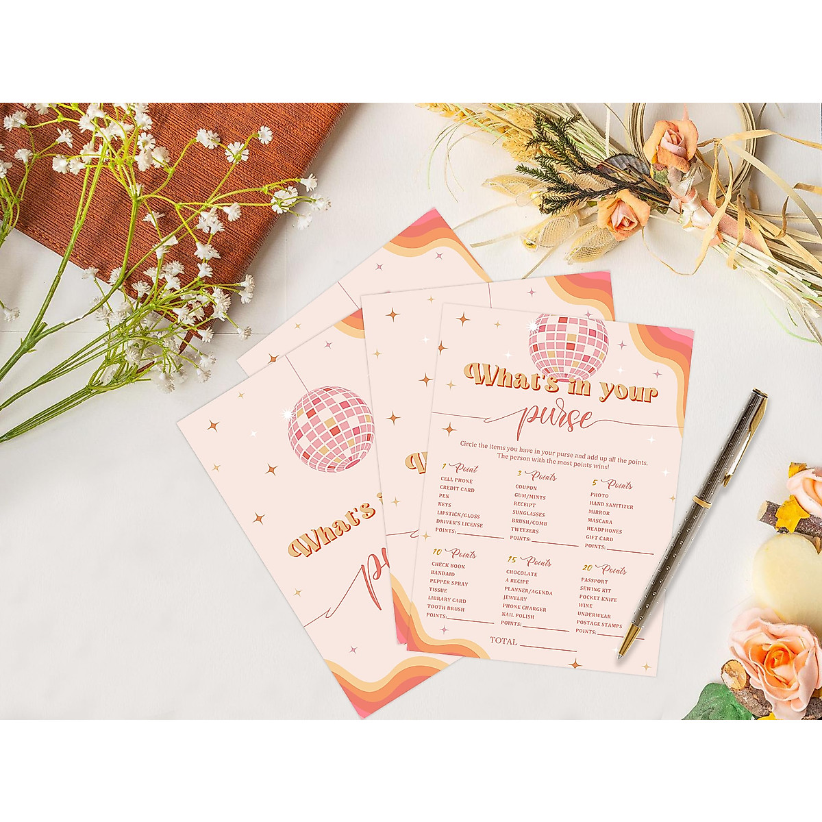 Disco Ball What's In Your Purse Game for 30 Guests with Game Cards, The Last Disco Bridal Shower Game, Boho Bridal Shower Decorations, Wedding Shower or Bachelorette Party Supplies - 04