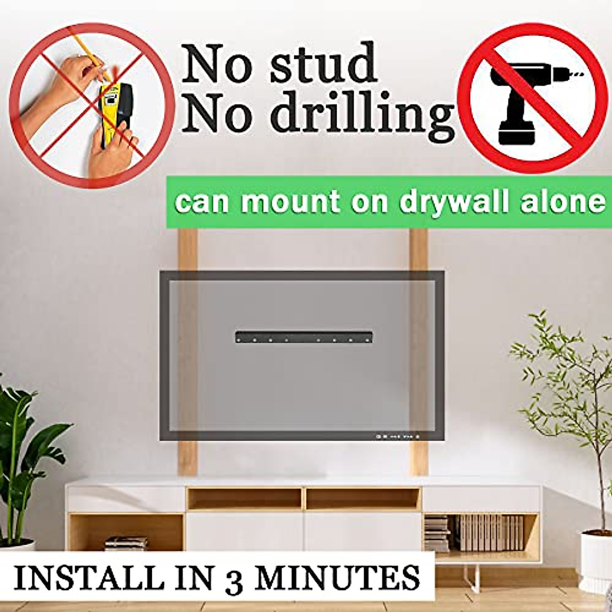 No Stud TV Wall Mount, Drywall Studless TV Hanger No Damage, No Drill, Non Screws, Dry Wall Flat Screen TV Easy Install Bar Bracket fits VESA 12-55 inch TVs up to 99 lbs, Include Hardware Levels