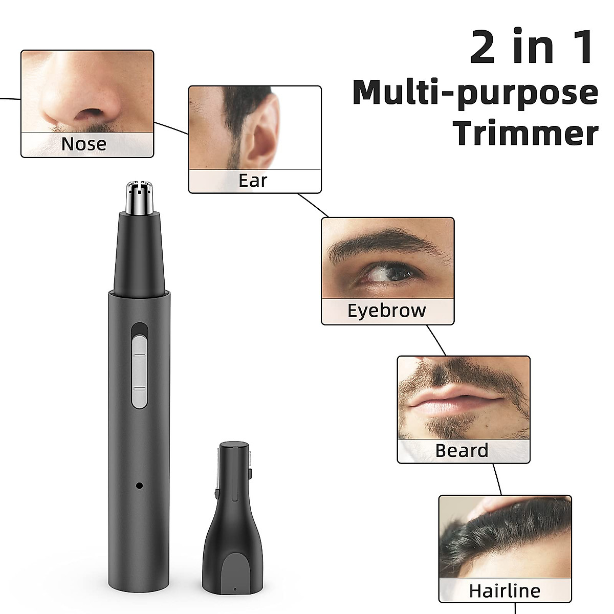 Nose Hair Trimmer and Eyebrow Trimmer, Rechargeable Professional Painless Eyebrow Razor for Ear Beard Hairline, 2 in 1 Metal Trimming Tool, Black