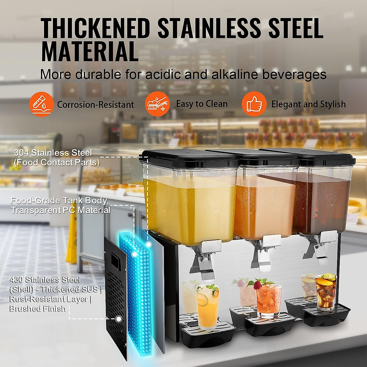 VEVOR Commercial Beverage Dispenser, 3 Tanks 18 L / 19 QT Per Tank Juice Dispenser, 512W Stainless Steel Ice Tea Drink Machine with 45°F-54°F Cooling Temperature, for Cold Drink Restaurant Bar Party