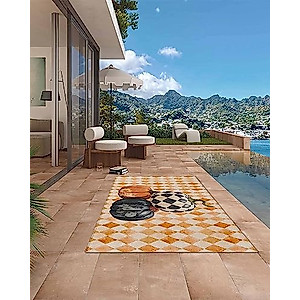 Thanksgiving Fall Outdoor Rug for Patio/Deck/Porch, Non-Slip Large Area Rug 6x9 Ft, Orange Black Pumpkin Fall Orange Plaid Indoor Outdoor Rugs Washable Area Rugs, Reversible Camping Rug Carpet Runner