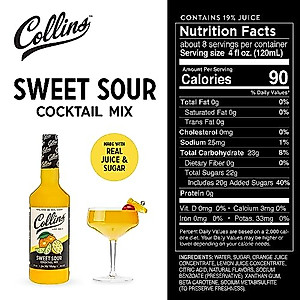 Collins Sweet and Sour Mix Made With Real Orange and Lemon Juice Classic Cocktail Recipe Ingredient, Home Bar Accessories Cocktail Mixers 32 fl oz
