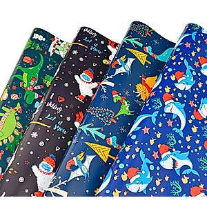 Titiweet Dinosaur Shark Animal Christmas Wrapping Paper for Kids - 12 Sheets, 20 x 28 Inches Per Sheet