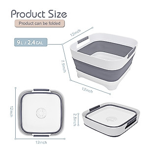 Goderewild 2024 Upgraded 2.4 Gal (9L) Collapsible Dish Basin with Drain Plug, Space Saving Multiuse Foldable Sink Tub, Dishpan, Beverage Tubs for Camping, Vegetable Washing, RV (Gray)