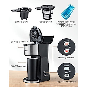 Tastyle Single Serve Coffee Maker for K Cup & Ground Coffee, Regular and Bold Brew Options, Small Coffee Machine Single Cup with Descaling Reminder, Fits Travel Mug, 6 to 14 Oz Brew Size, Black