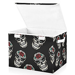 innewgogo Skull with Rose above Head Storage Bins with Lids for Organizing Cube Cubby with Handles Oxford Cloth Storage Cube Box for Toys