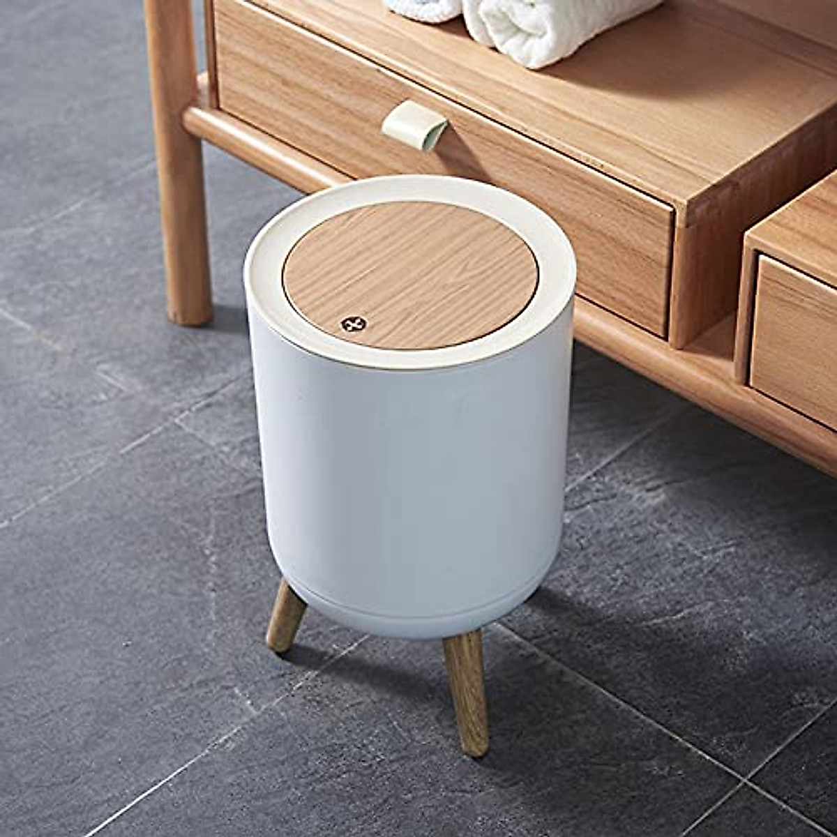 Kelendle Nordic Waste Basket Push Top Trash Can with Lid Garbage Can with Long Legs Modern Round Trash Bin for Kitchen Bathroom