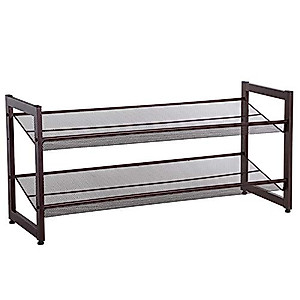 SONGMICS Shoe Rack, 2-Tier Stackable Shoe Storage Shelf, Flat or Angled Shoe Organizer, Metal Shoe Tower Stand for Closet Entryway, Bronze
